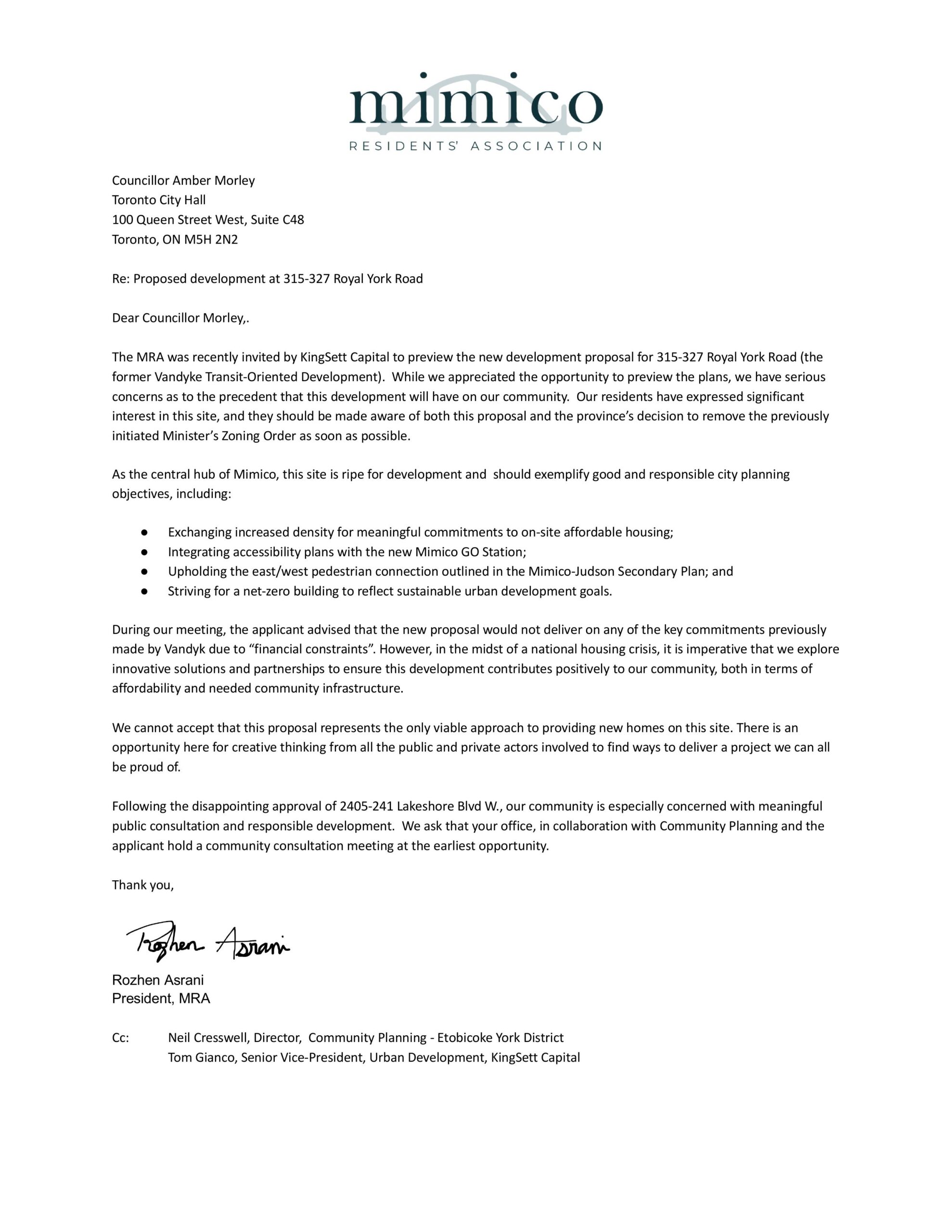 MRA Letter to Councillor Morley re: Proposed Development at 315-327 ...